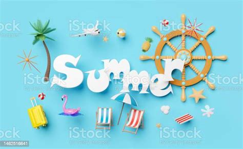 해변 의자 공 우산 비행기 풍선 플라밍고 코코넛 야자수 불가사리 파란색으로 분리된 파인애플이 있는 여름 여행 개념 추상 배경 3d 그림 또는 3d 렌더링 3차원 형태에 대한