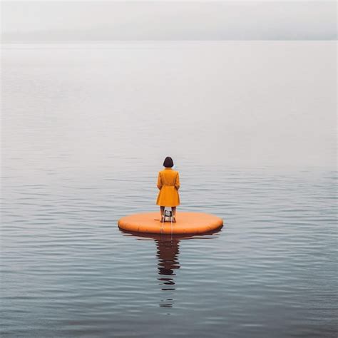 Premium Ai Image A Woman In A Yellow Coat Stands On A Floating Object