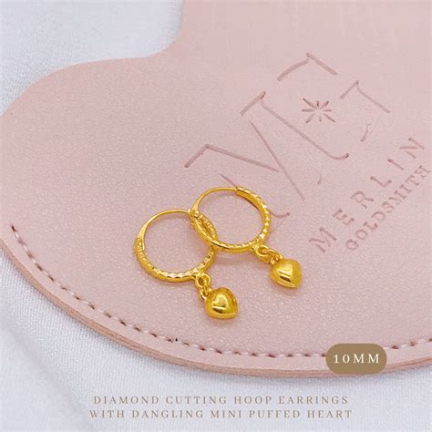 916 Gold Diamond Cutting Hoop Earrings With Dangling Mini Puffed Heart