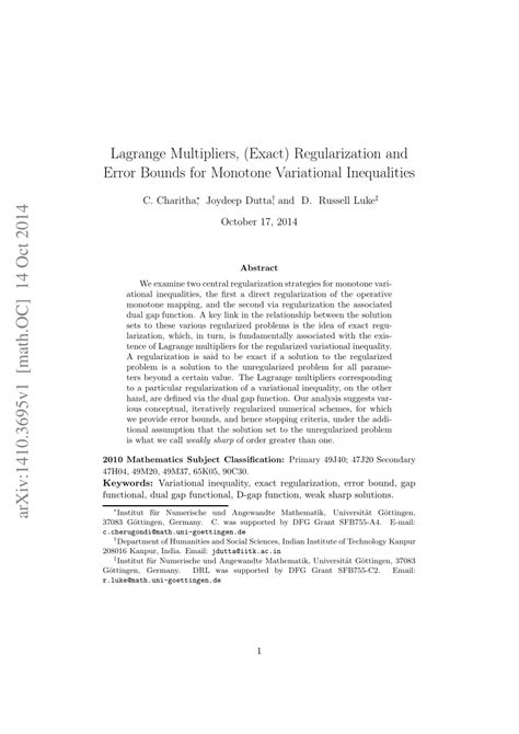Pdf Lagrange Multipliers Exact Regularization And Error Bounds For