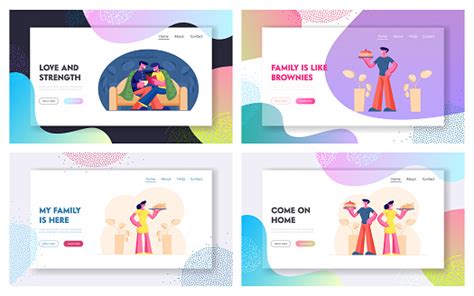 홈 푸드 및 가족 주말 여가 시간 웹 사이트 방문 페이지 세트 행복한 남성과 여성 캐릭터 요리와 함께 독서 책을 보내는 시간을 보내고 웹 페이지 배너 만화 플랫 벡터