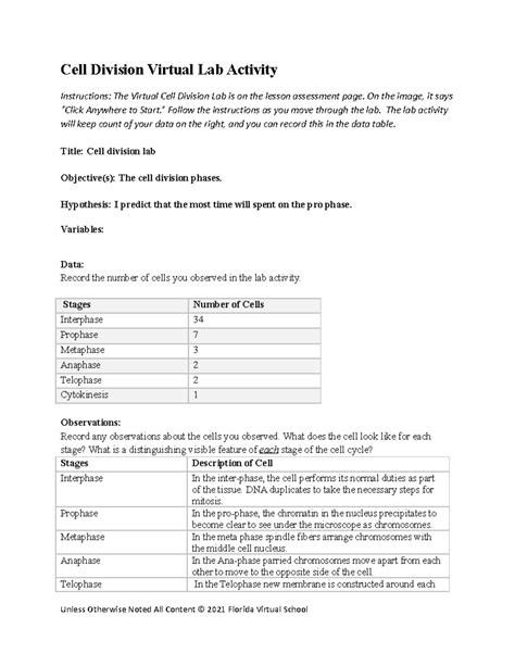 03 01 Virtual Cell Division Lab Report 1 Cell Division Virtual Lab Activity Instructions