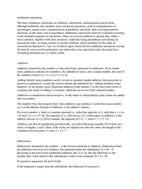 arithmetic operations pdf division mathematics subtraction
