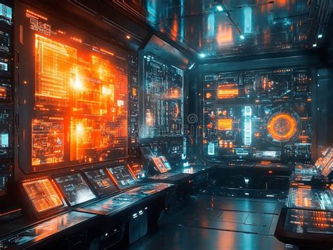 A Dimly Lit High Tech Control Room With Numerous Screens And Panels Displaying Glowing Blue And