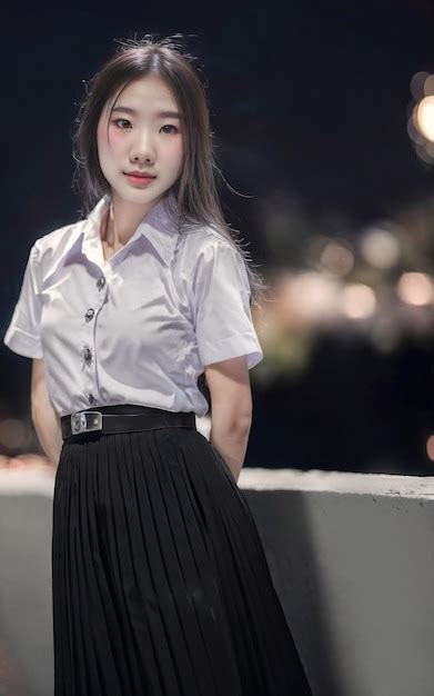 Premium Photo Beautiful Asian Thai College Woman Wearing University Outfit Generative Ai