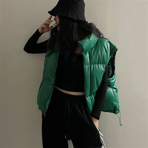 스타일폭스 레더 오버핏 V1211 남여공용 하이넥 세미 크롭 패딩 조끼