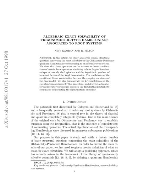 Pdf Algebraic Exact Solvability Of Trigonometric Type Hamiltonians Associated To Root Systems