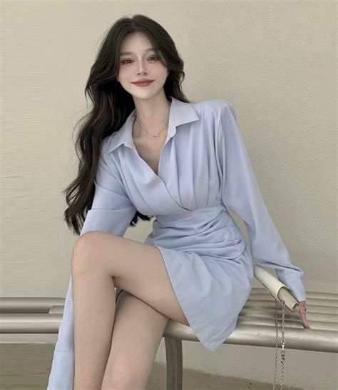 클로디 데이트룩 공항패션 공항룩 플리츠 랩 셔츠 블루 원피스