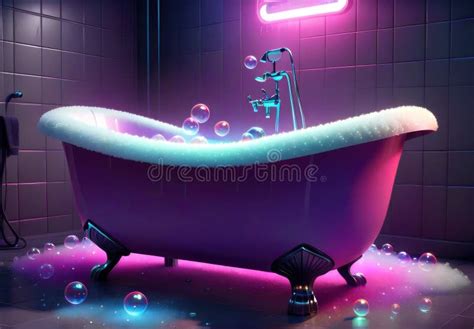 A Relaxing Nighttime Bubble Bath In A Retro Pink Tub With Neon Lights