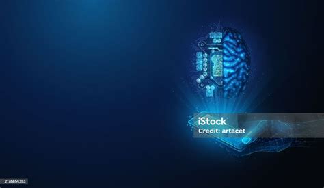 손에 들고 있는 스마트폰의 추상적인 그림 인간의 뇌와 Ai Cpu 회로 기판을 로우 폴리 스타일로 투사하고 있습니다 와이어프레임 연결 구조로 인공 지능 개념을 묘사하는