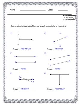 Identifying Parallel Perpendicular Intersecting Lines From Graphs Worksheets