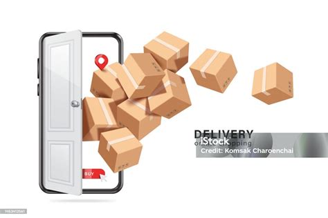 소포 상자 또는 판지 상자 공중에 떠 있고 문처럼 열리는 화면으로 스마트 폰에 밀어 넣습니다 3차원 형태에 대한 스톡 벡터 아트 및 기타 이미지 Istock