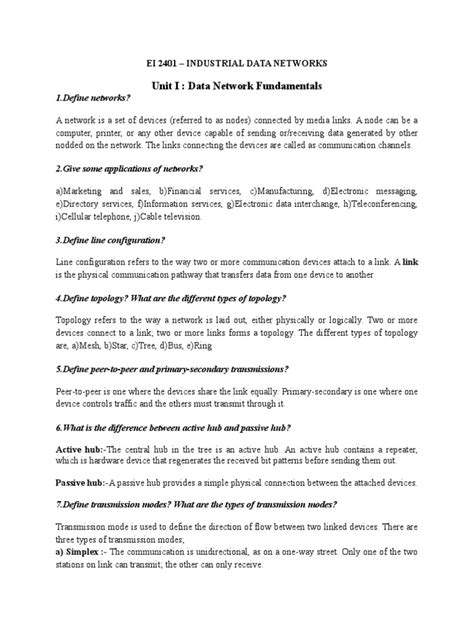 ei2401 industrial data networks 2marks pdf routing network