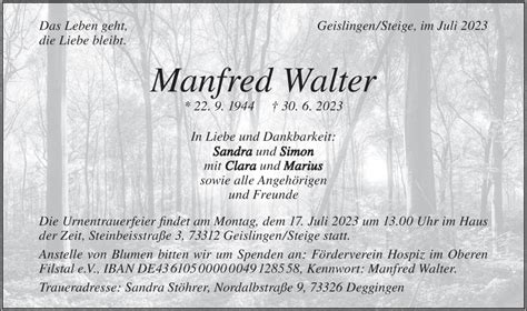 Traueranzeigen Von Manfred Walter Südwest Presse Trauer