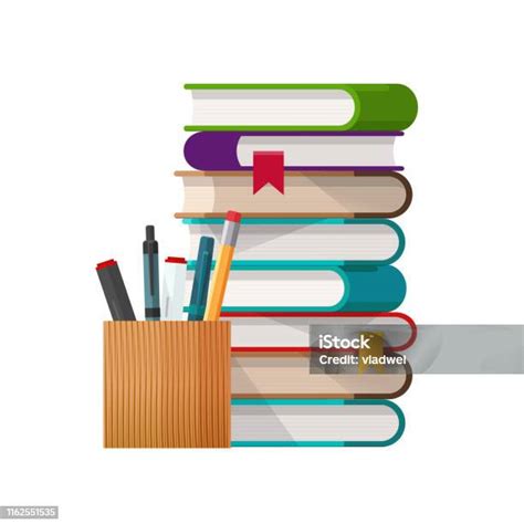 학교 책은 펜과 연필 유리 평면 만화 벡터 일러스트 레이션 흰색 교육 또는 도서관 연구 시간 클립 아트의 개념으로 스택 개인 장식품에 대한 스톡 벡터 아트 및 기타 이미지