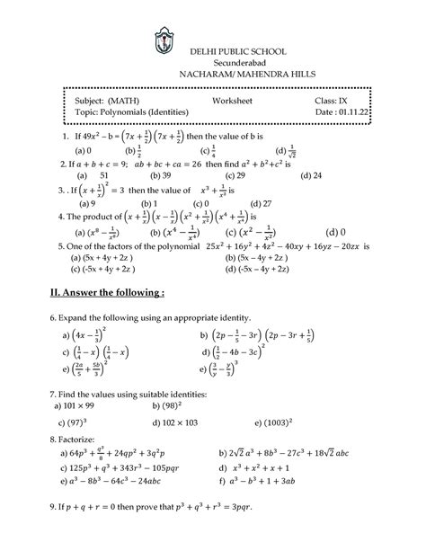 Polynomials Worksheet DELHI PUBLIC SCHOOL Secunderabad NACHARAM MAHENDRA HILLS Subject MATH