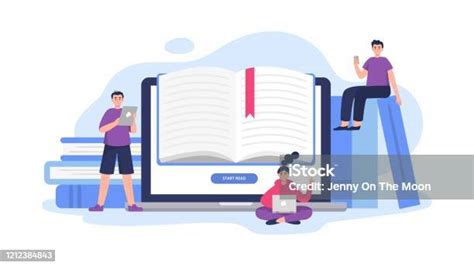 전자 책 테마에 대한 일러스트레이션 귀여운 사람들은 공부하고 휴대 전화 노트북 컴퓨터 및 태블릿에 책을 읽습니다 Screening에 대한 스톡 벡터 아트 및 기타 이미지
