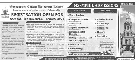 Admission Open Of Ms And M Phil Programmes In Government College University Gcu Lahore 30th