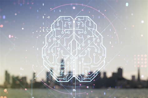 흐릿한 도시 풍경 배경에 창의적인 인공 지능 인터페이스의 이중 노출 신경망 및 기계 학습 개념 인공지능에 대한 스톡 사진 및 기타 이미지 Istock