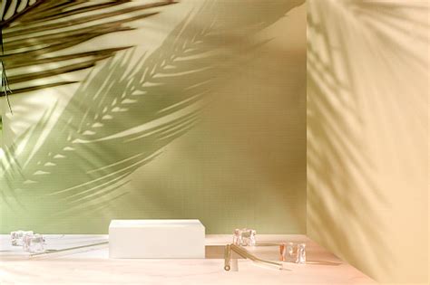 햇볕이 잘 드는 우아한 배경 여름 파티 개념 화장품 프리젠 테이션을위한 최소한의 추상 배경 디자인 템플릿 받침대에 연단에 그림자와 얼음 조각이있는 프리미엄 빈 연단 여름에