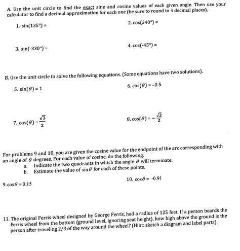 a use the unit circle to find the exact sine and cosine values of