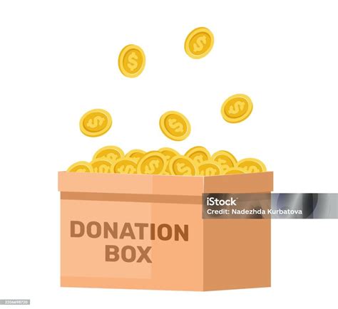 금화가 든 골판지 기부 상자 재정 지원 자발적인 도움과 관대함이 기부합니다 사회 자선 단체 기부금 인도주의적 도움 자원 봉사자