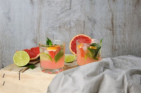 런던 드라이 진에서 압착된 빨간 자 몽과 레몬 라임 슬라이스 및 냉장된 얼음 조각의 섬세 한 바 질 잎에서 주스와 칵테일