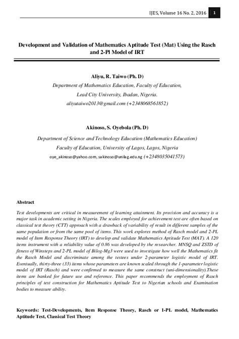 Pdf Development And Validation Of Mathematics Aptitude Test Mat Using The Rasch And 2 Pl