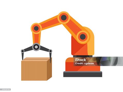 로봇 팔 보유 판지 상자 팔 기계 및 판지 상자 로봇 손은 포장 상자 인공 지능 및 기계 유통 창고 공장 및 산업 개념과 함께 작동합니다 건설 산업에 대한 스톡 벡터 아트