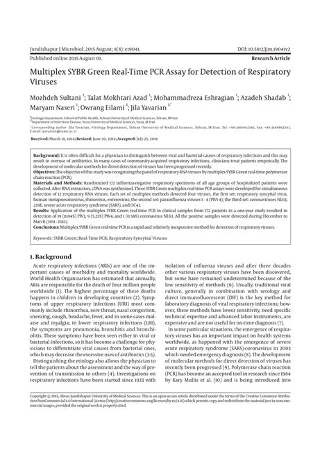 Pdf Multiplex Sybr Green Real Time Pcr Assay For Detection Of Respiratory Viruses