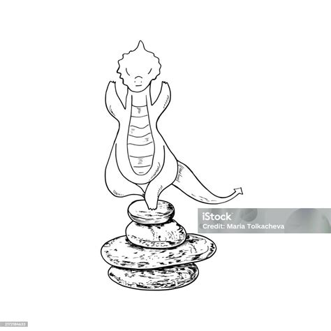 명상하는 드래곤 균형 돌 벡터 고립 된 그림에 서있는 검은 잉크로 그려진 자연 속의 바다 돌 더미 사이에서 요가 운동을 하는