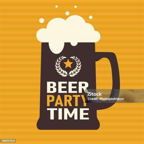 맥주와 영어 텍스트가 있는 머그잔 맥주 파티 시간 포스터 디자인 화려한 배경입니다 음료와 함께 배경입니다 맥주 유리 전단지 벡터 그림 0명에 대한 스톡 벡터 아트 및 기타