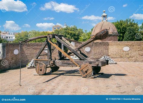 Stone Throwing Machine Wooden Frame Stone Shells Lie Nearby Stock
