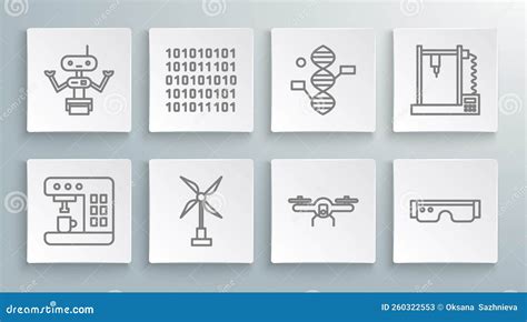 set line coffee machine binary code wind turbine drone flying smart