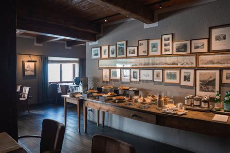 Rustic Dining Area In Luxury Alpine Hotel With Breakfast Buffet Stock Image Image Of Horizon