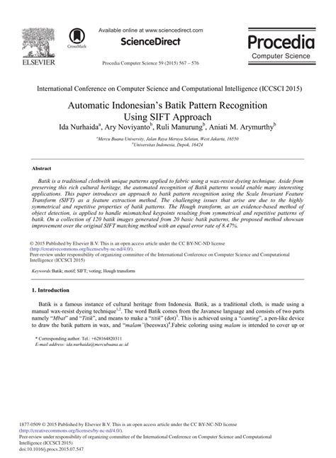 Pdf Automatic Indonesians Batik Pattern Recognition Using Sift Approach
