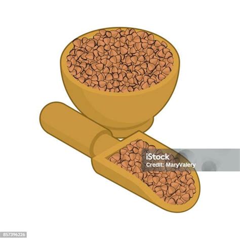 나무 그릇과 숟가락에 메입니다 나무에서 가루 요리 고 삽 흰색 바탕에 곡물입니다 벡터 일러스트 레이 션 갈색에 대한 스톡 벡터