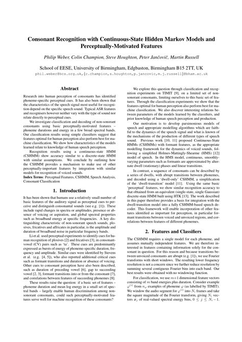 Pdf Consonant Recognition With Continuous State Hidden Markov Models And Perceptually