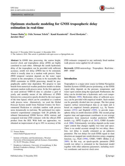 Pdf Optimum Stochastic Modeling For Gnss Tropospheric Delay