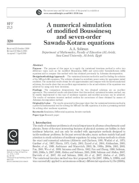 Pdf A Numerical Simulation Of Modified Boussinesq And Seven Order Sawada Kotara Equations