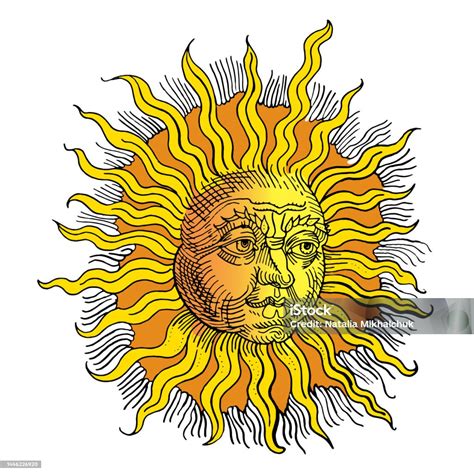 얼굴을 가진 빈티지 태양 손으로 그린 조각 중세 판타지 문신 스타일 그림 골동품 점성술 기호입니다 밀교 오컬트 요술 연금술 보헤미안 점성술 조디악 고대의에 대한 스톡 벡터