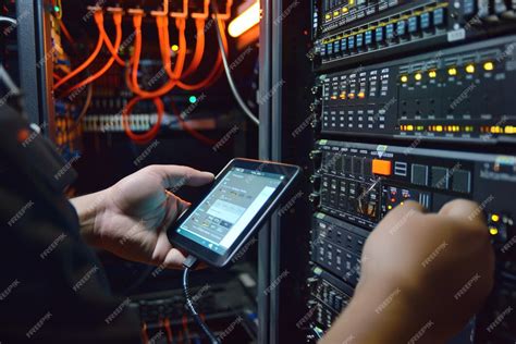 Premium Photo Engineer Teamwork Server Room And Tablet For Connection Cable Maintenance Or
