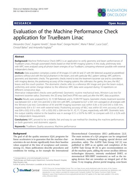 Pdf Evaluation Of The Machine Performance Check Application For Truebeam Linac