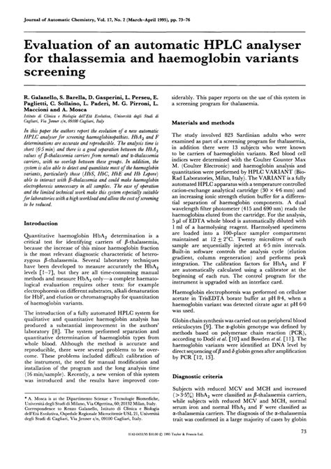 Pdf Evaluation Of An Automatic Hplc Analyser For Thalassemia And Haemoglobin Variants Screening
