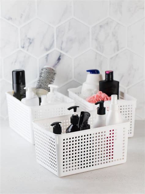 Cosmetics In Plastic Boxes Organizing Storage In The Bathroom Stock Image Image Of Plastic