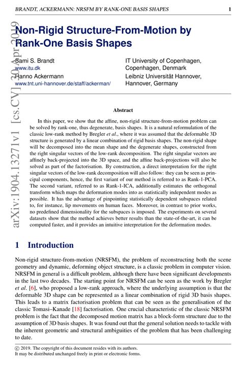PDF Non Rigid Structure From Motion By Rank One Basis Shapes