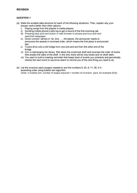 Topic 1 Exercise Worksheet REVISION QUESTION 1 A State The Suitable Data Structure For Each