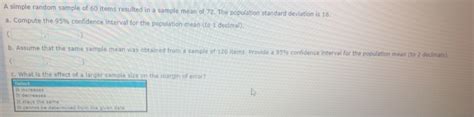 solved a simple random sample of 60 items resulted in a