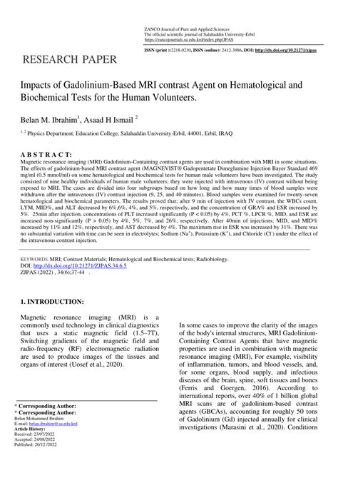 Pdf Impacts Of Gadolinium Based Mri Contrast Agent On Hematological And Biochemical Tests For