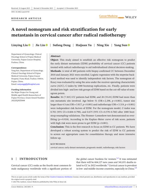 Pdf A Novel Nomogram And Risk Stratification For Early Metastasis In Cervical Cancer After